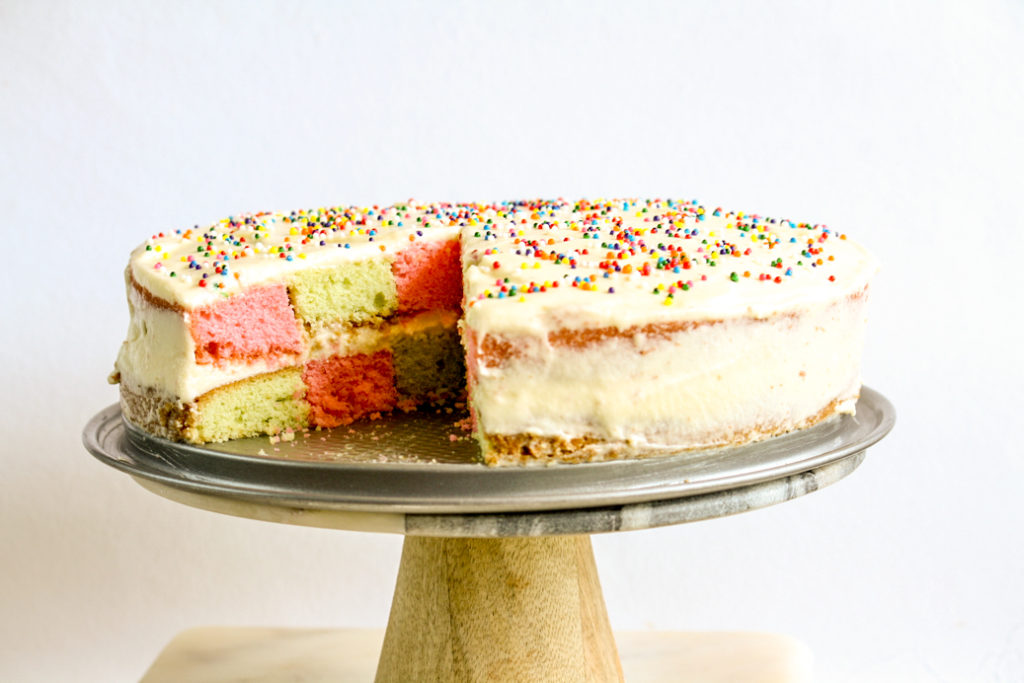 Checkerboard Cake with Cream Cheese Frosting – The Desserted Girl