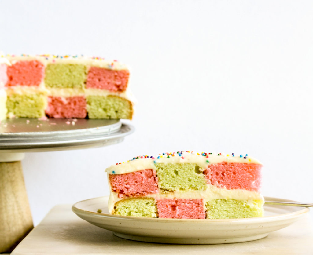 Checkerboard Cake with Cream Cheese Frosting – The Desserted Girl