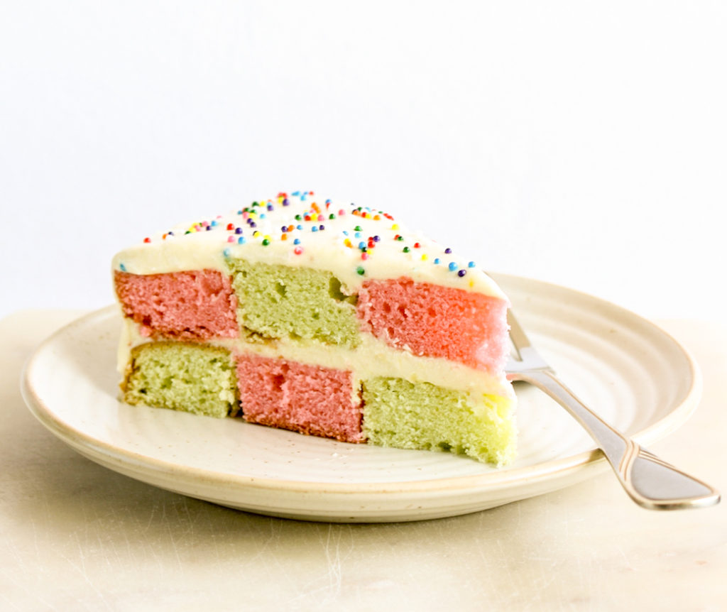 Checkerboard Cake with Cream Cheese Frosting – The Desserted Girl