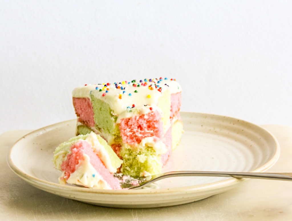 Checkerboard Cake with Cream Cheese Frosting – The Desserted Girl