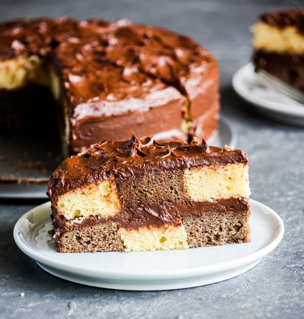 Chocolate Vanilla Checkerboard Cake with Fudge Frosting – The Desserted ...