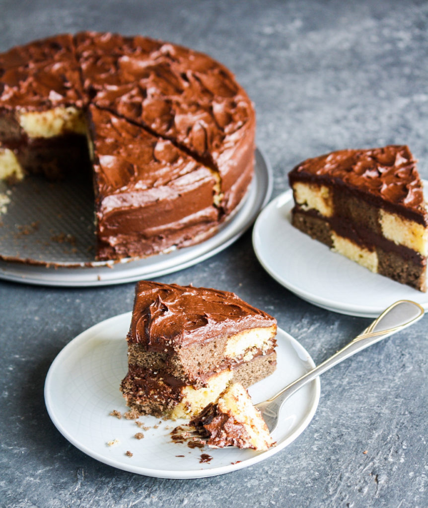 Chocolate Vanilla Checkerboard Cake with Fudge Frosting – The Desserted ...